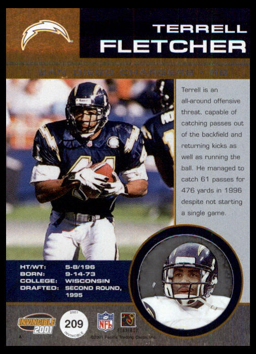 2001 Pacific Invincible #209 Terrell Fletcher San Diego Chargers | eBay