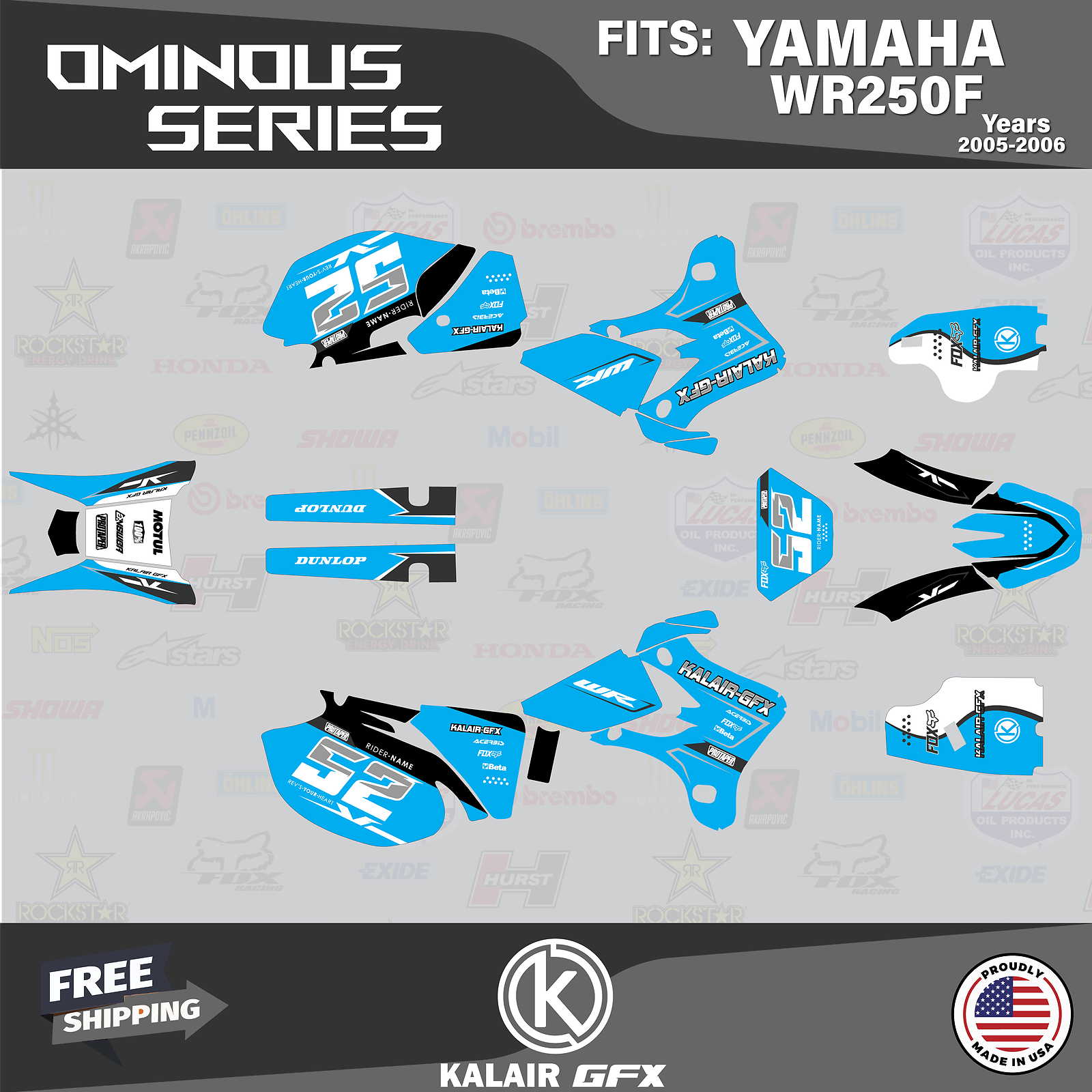 Graphics Kit for YAMAHA WR250F (2005-2006) Ominous Series - Cyan | eBay
