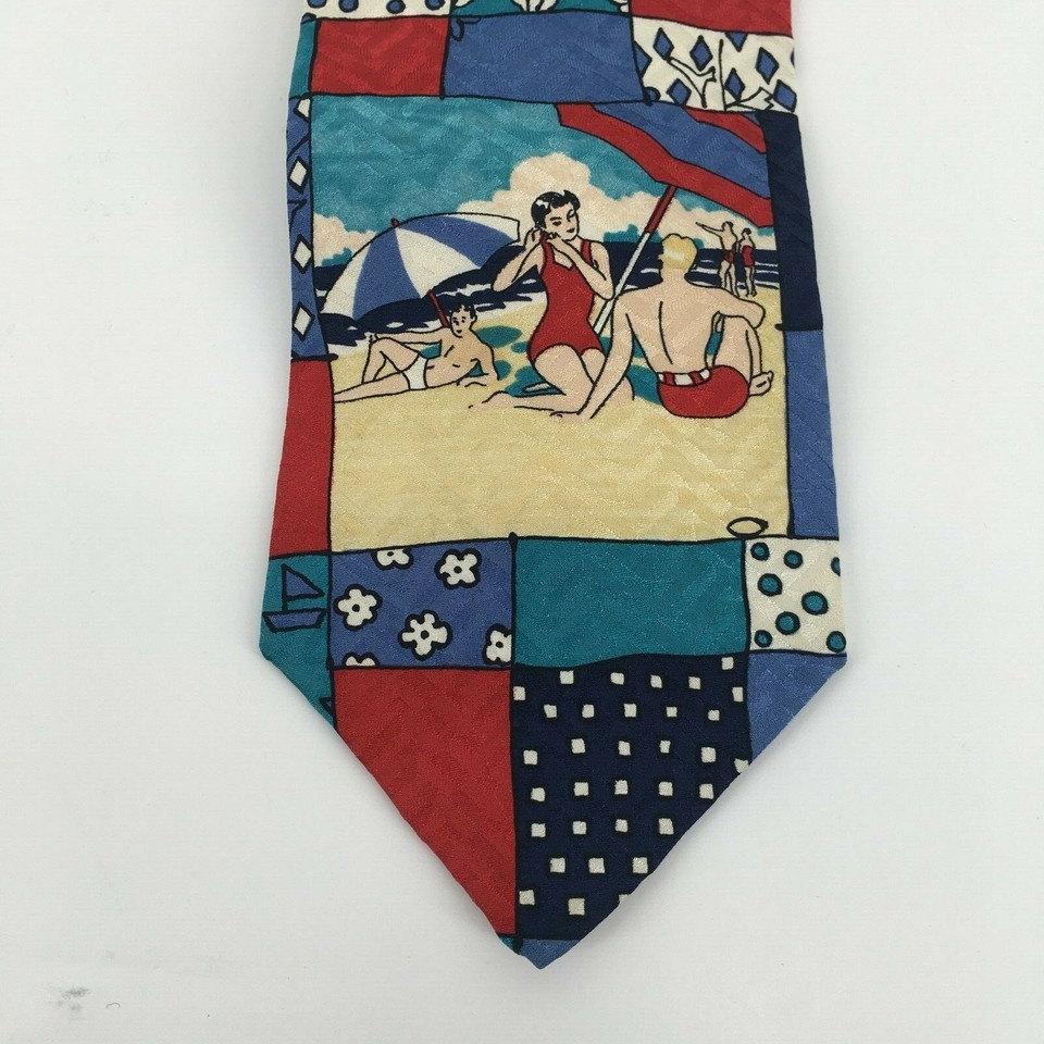 Mezzano Novelty Mens Tie Silk Necktie Vintage Beach Scene Nautical Patchwork | eBay