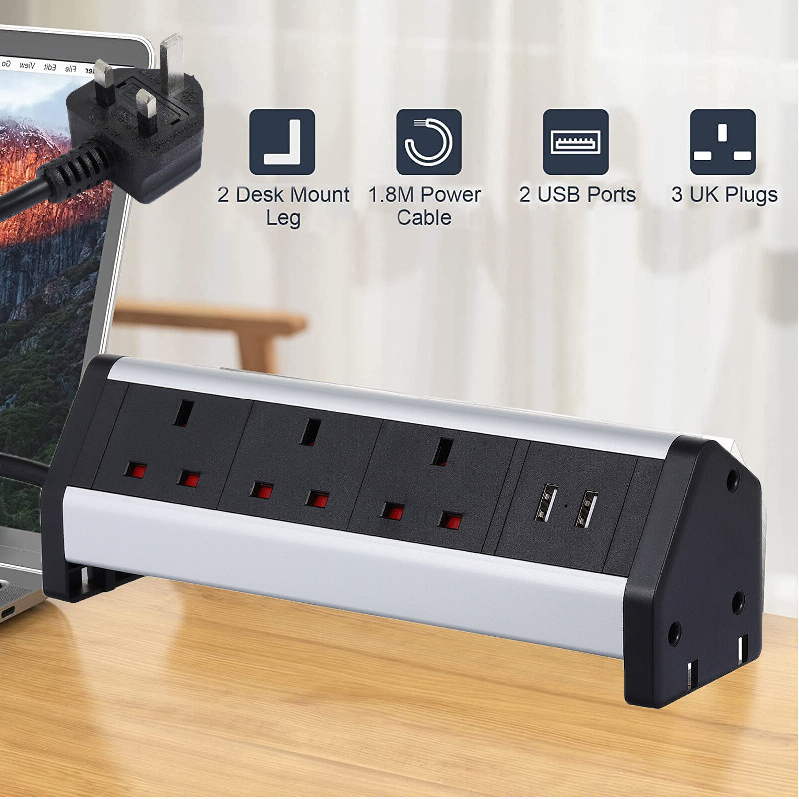 Desk Power Socket with 2 USB ,3 UK Plug ,Mount Clamp for Office Kitchen ...