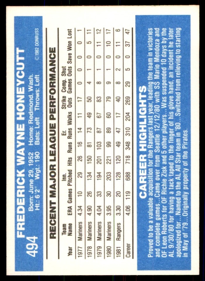 1982 Donruss Baseball Card Rick Honeycutt Texas Rangers #494 | eBay