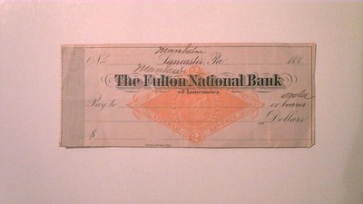 1880'S FULTON NATIONAL BANK LANCASTER PA BANK CHECK ON SCOTT# RN-G1 | eBay
