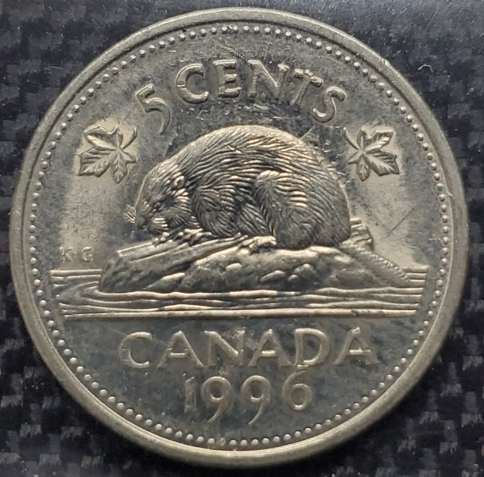 CANADA FIVE 5 CENTS 1996 ICCS MS-60, ATTACHED 6 and CROWN ON BEAVER ...