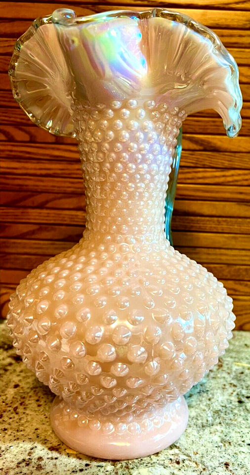 Fenton*HOBNAIL SHELL PINK OPALESCENT W/SALEM BLUE HANDLE/CREST PITCHER ...