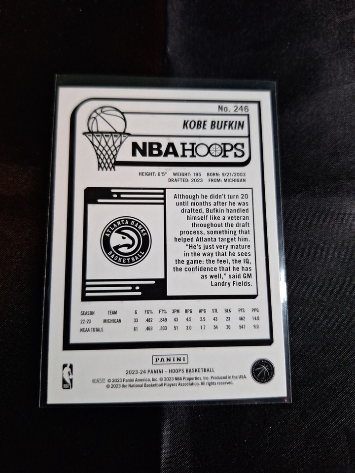 2023-24 PANINI NBA HOOPS ROOKIE CARD #246 KOBE BUFKIN RC ATLANTA HAWKS ...