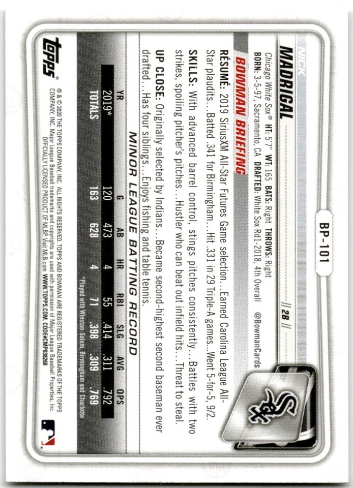 2020 Bowman Prospect Nick Madrigal Chicago White Sox QTY | eBay
