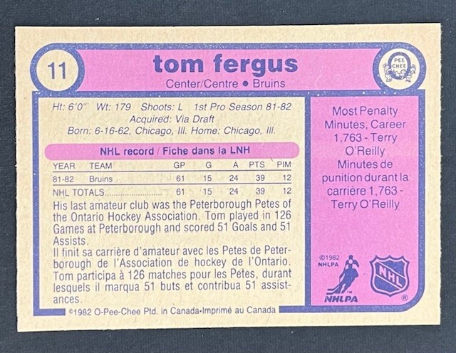 1982 O-Pee-Chee #11 Tom Fergus Autographed Signed Boston Bruins NHL ...