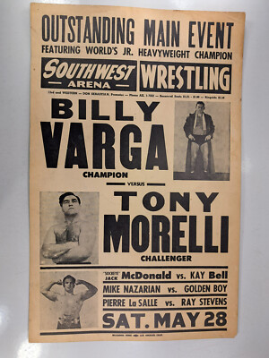 Vintage Wrestling Poster 1950's: Billy Varga Vs. Tony Morelli 22x14in ...