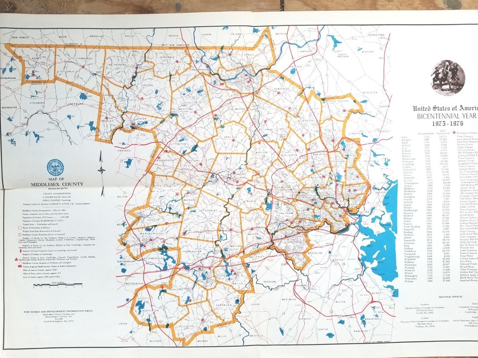 1970's MIDDLESEX,MASS 24" x 16" MAP IN ROUGHER SHAPE.CHECK PHOTOS | eBay