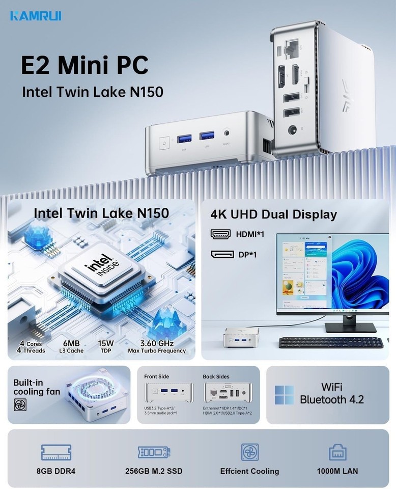 KAMRUI Essenx E2 Mini PC,W-11 Pro 12th Twin Lake N150 Mini PC(up to 3.6GHz),8... | eBay