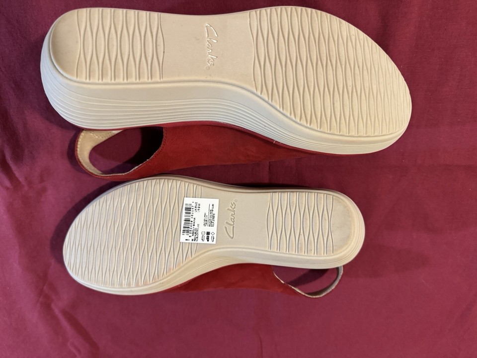 CLARKS REEDLY SHAINA Red SUEDE SLING BACK WEDGE SANDALS SHOES WOMENS SZ ...