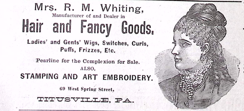 1887 Mrs R.M. Whiting Hair & Fancy Goods & Embroidery TITUSVILLE PA 2 ...