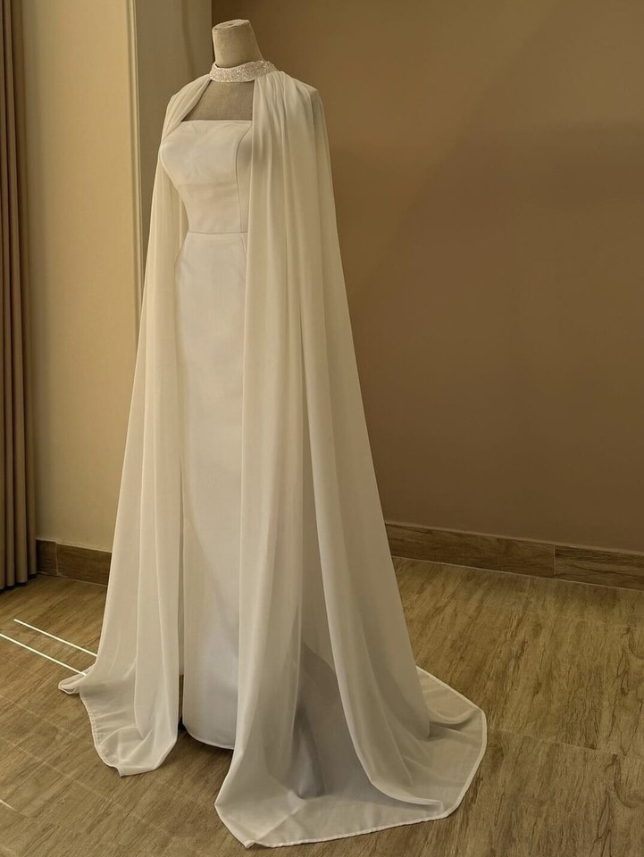 White Ivory Chiffon Wedding Cape Sequin Halter Women Elegant Bridal ...