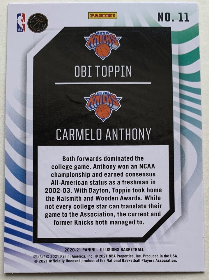 2020-21 PANINI ILLUSIONS OBI TOPPIN CARMELO ANTHONY ROOKIE REFLECTIONS ...