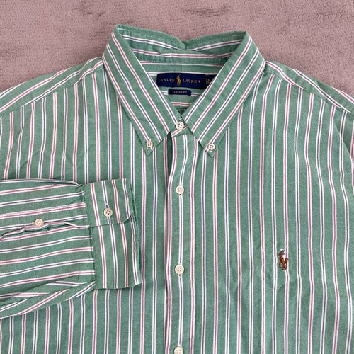 Polo Ralph Lauren Shirt Men 2XL Green Striped Oxford Flesh Pony OCBD ...