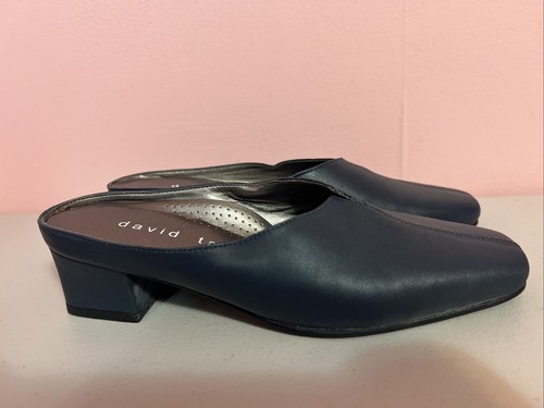 Women’s David Tate Blue Leather Slides Size 4 1.5” Block Heel Closed ...