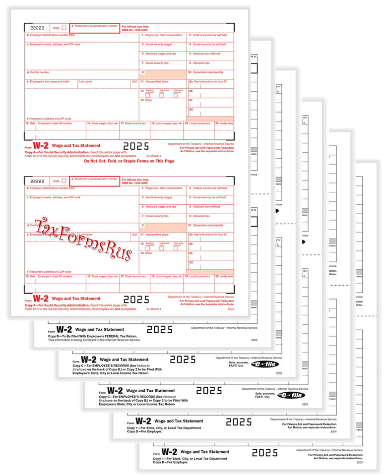2025 IRS TAX FORMS KIT: W-2 Wage Stmts LASER for 10 employees+envelopes ...