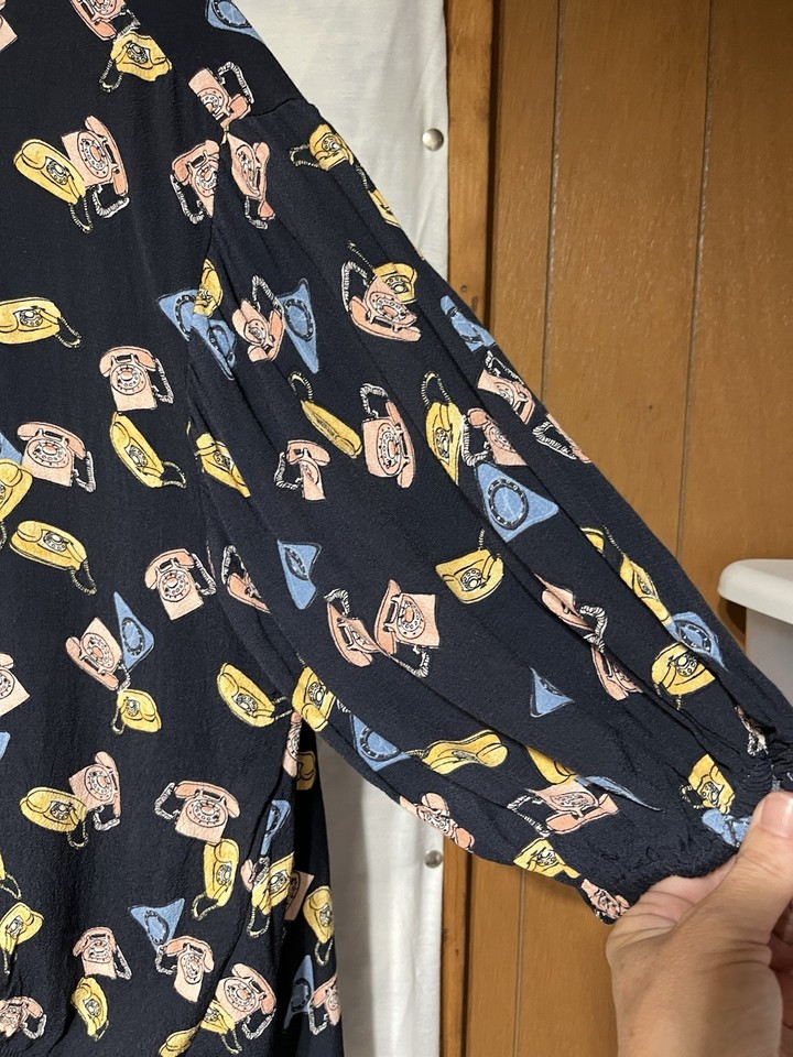 Zara Women Viscose Telephone Print High Neck Puff Sleeve 4-Button ...