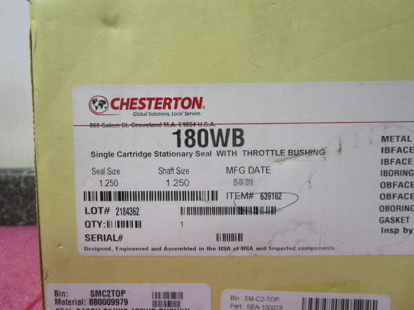 Chesterton 180WB High Reliability Cartridge Single Seal With Bushing ...