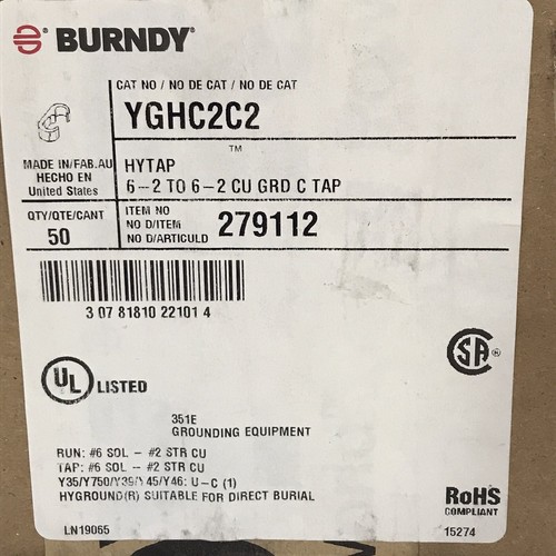 (1 Tap) Burndy YGHC2C2 Hytap Grounding Compression C-Tap 6-2 To 6-2 ...