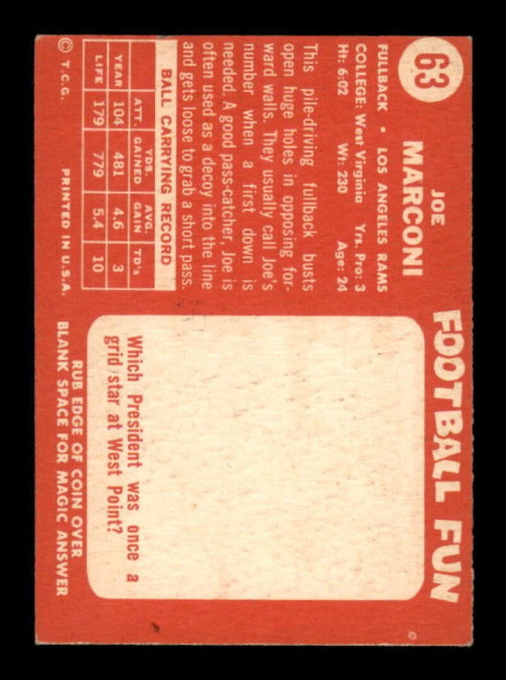 1958 Topps #63 Joe Marconi GVG RC Rookie LA Rams 563475 | eBay