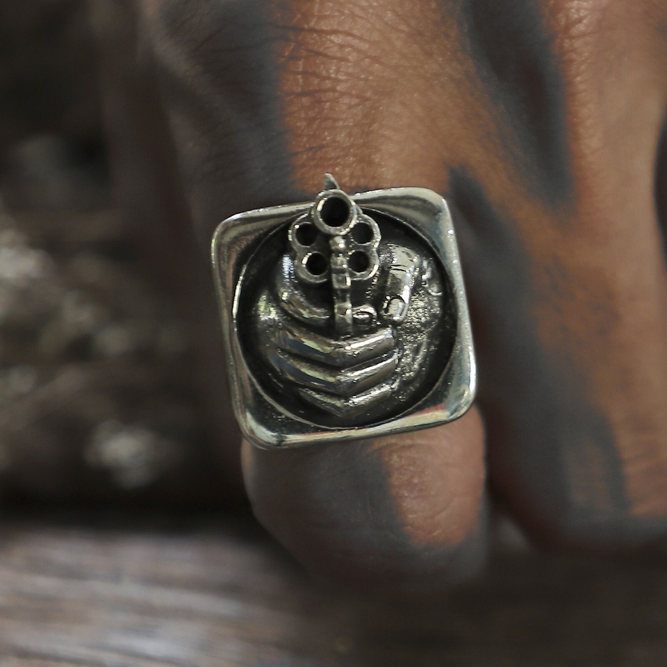 gun square Biker Ring sterling silver 925 Gothic punk gangster skull ...