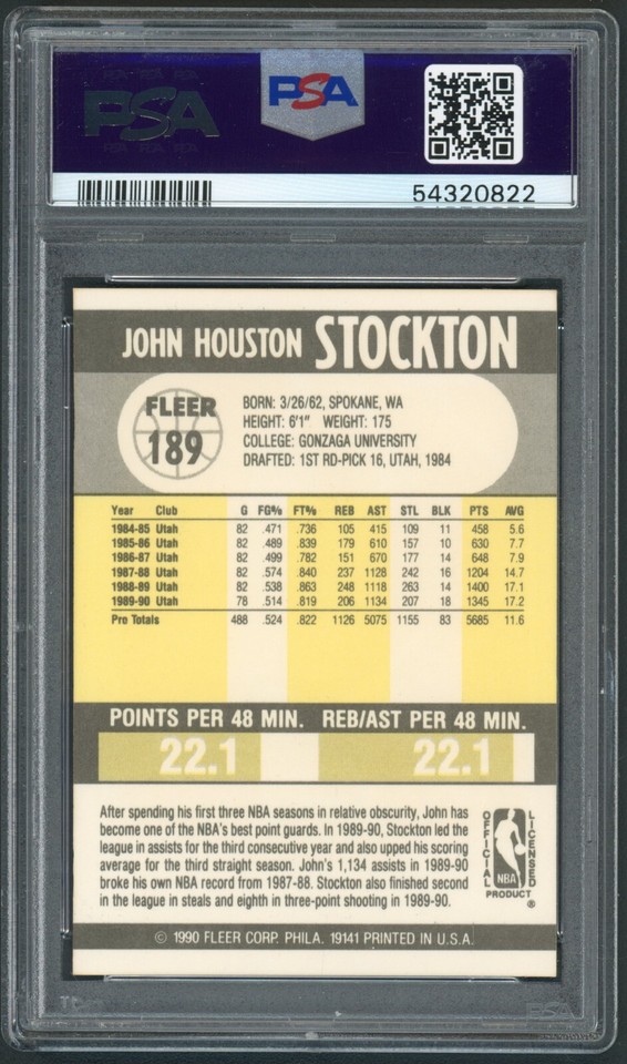 1990 Fleer John Stockton Utah Jazz #189 PSA 9 MINT HALL OF FAME | eBay