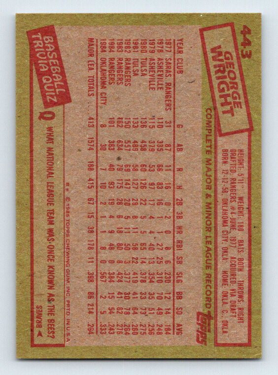 GEORGE WRIGHT Texas Rangers 1985 Topps Baseball Card B222 | eBay