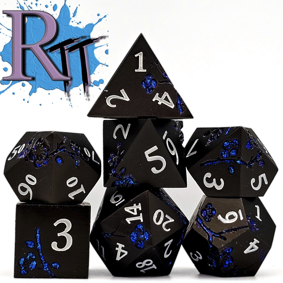 Black & Blue Plum Blossom Solid Metal DND Dice Set Polyhedral Dungeons ...