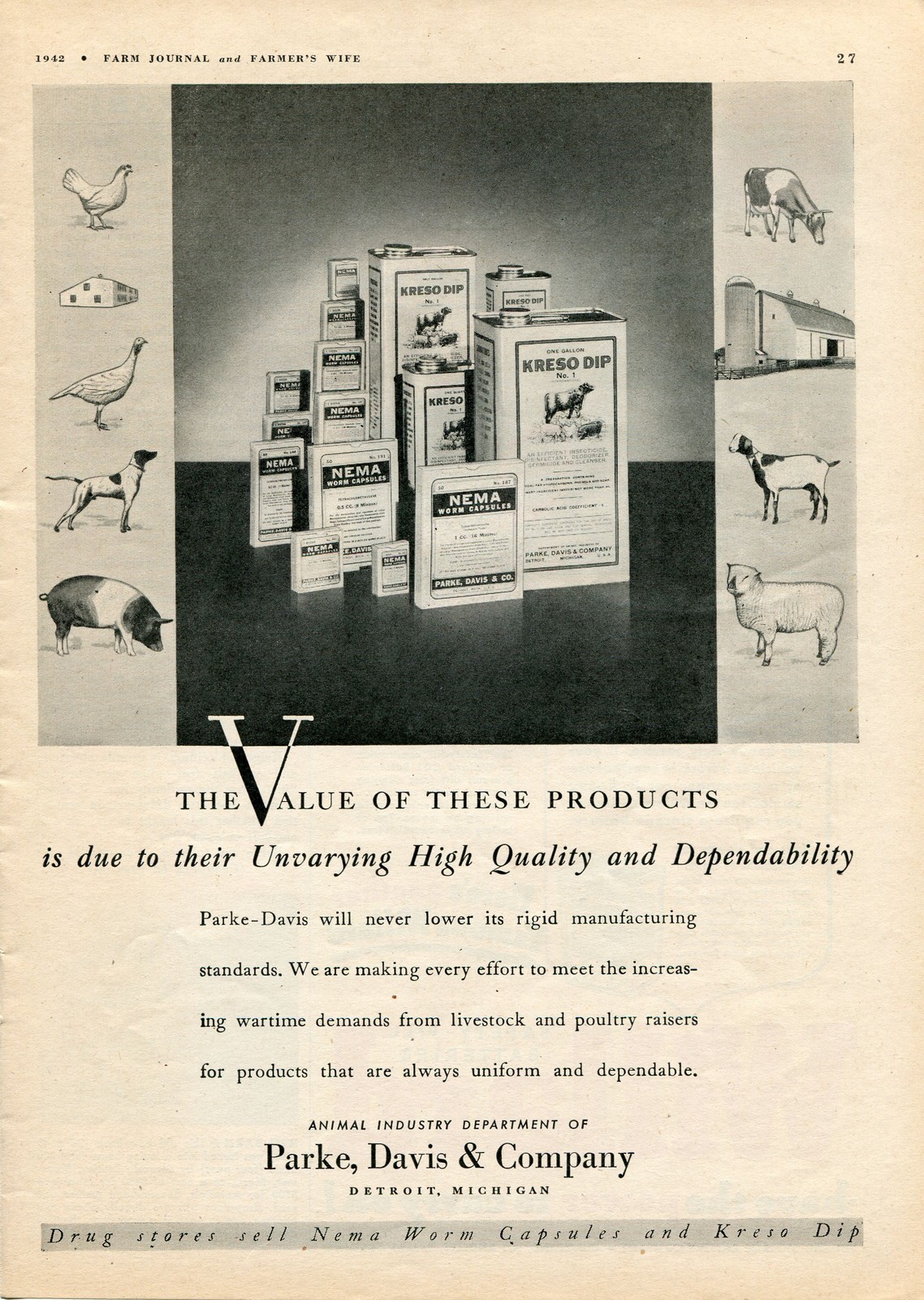 1942 PRINT AD of Parke Davis & Co Kreso Dip & Nema Worm Capsules Farm ...