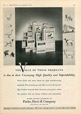 1942 PRINT AD of Parke Davis & Co Kreso Dip & Nema Worm Capsules Farm ...