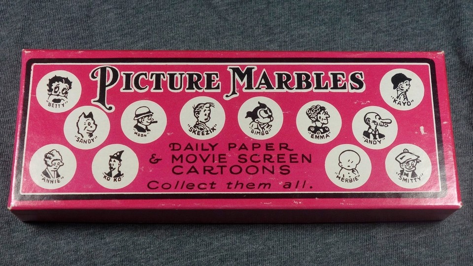 PELTIER GLASS REPRODUCTION COMIC BOX w/ ANTIQUE COMIC MARBLES | eBay