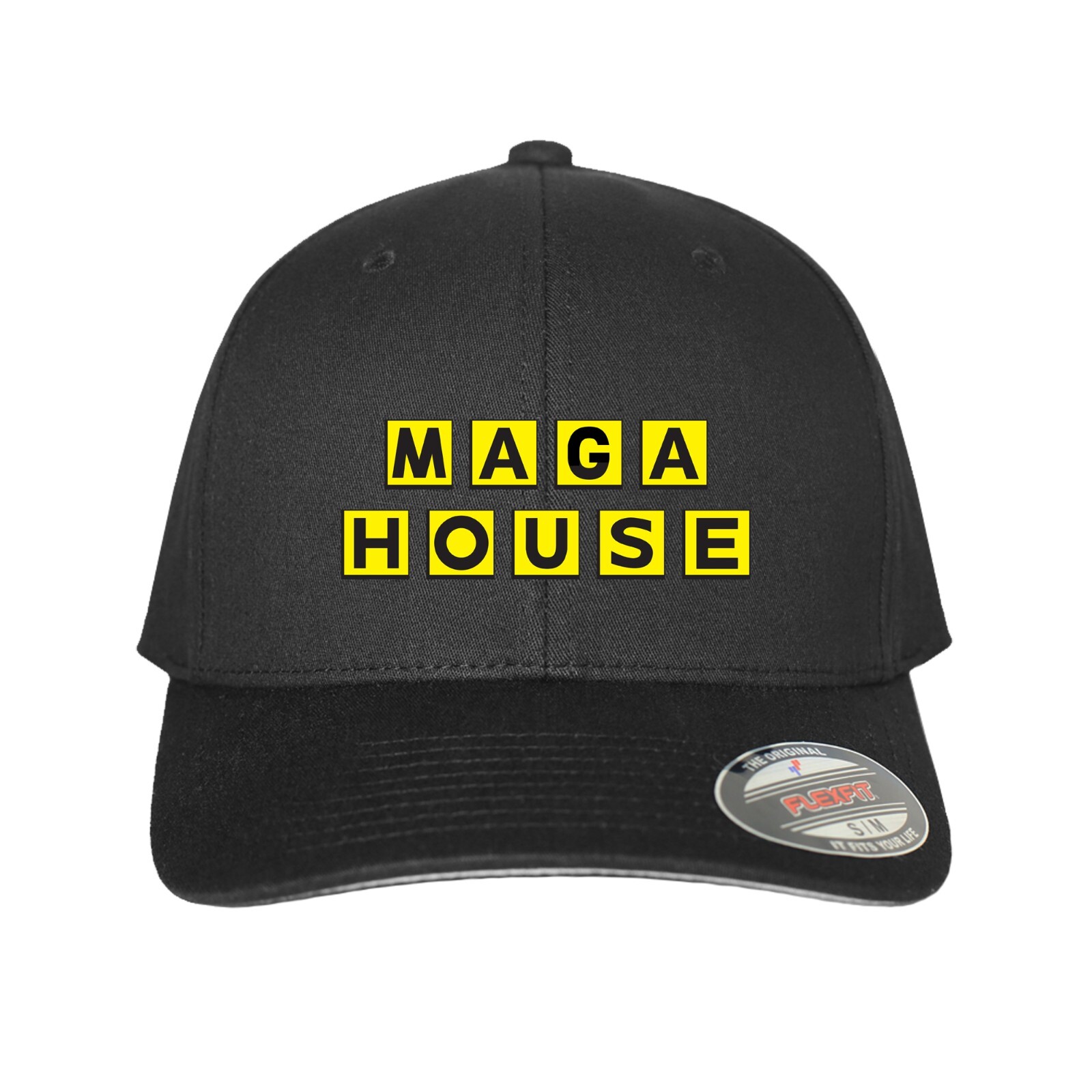MAGA House Retro Logo Flex Fit Hat Yellow Black Embroidered Logo ...