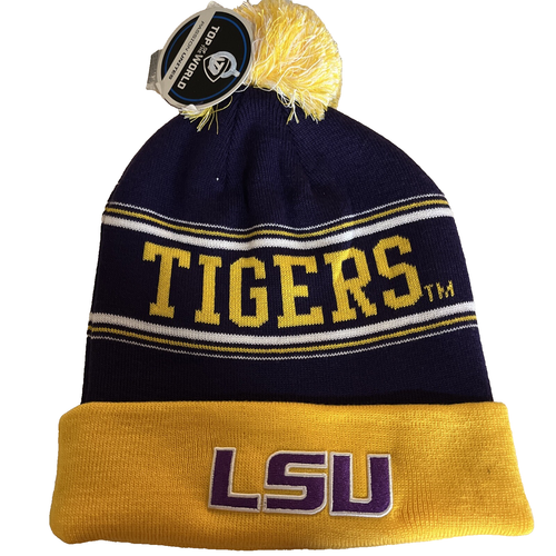 NCAA LSU Tigers Fashion Knit Mens Beanie Top of World Hat Cap Pom NWT ...