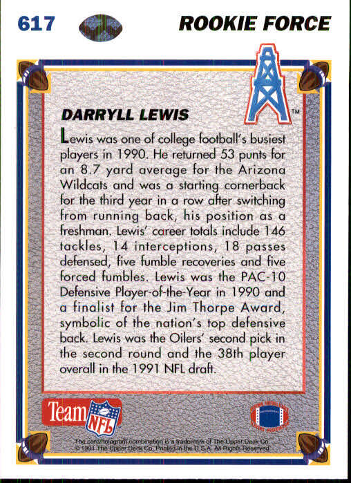 1991 Upper Deck Football Card #617 Darryll Lewis RC | eBay