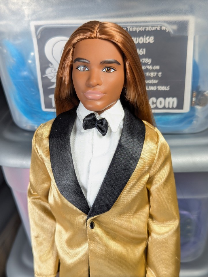 OOAK Custom Reroot Barbie Holiday Ken Doll Long Brown Hair Model Muse ...