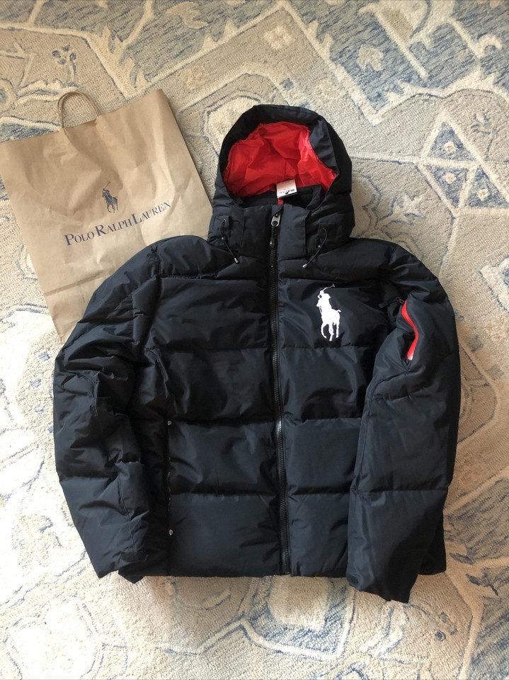 Polo Ralph Lauren Big Pony Hooded Down Puffer Jacket Coat Black Red XL ...