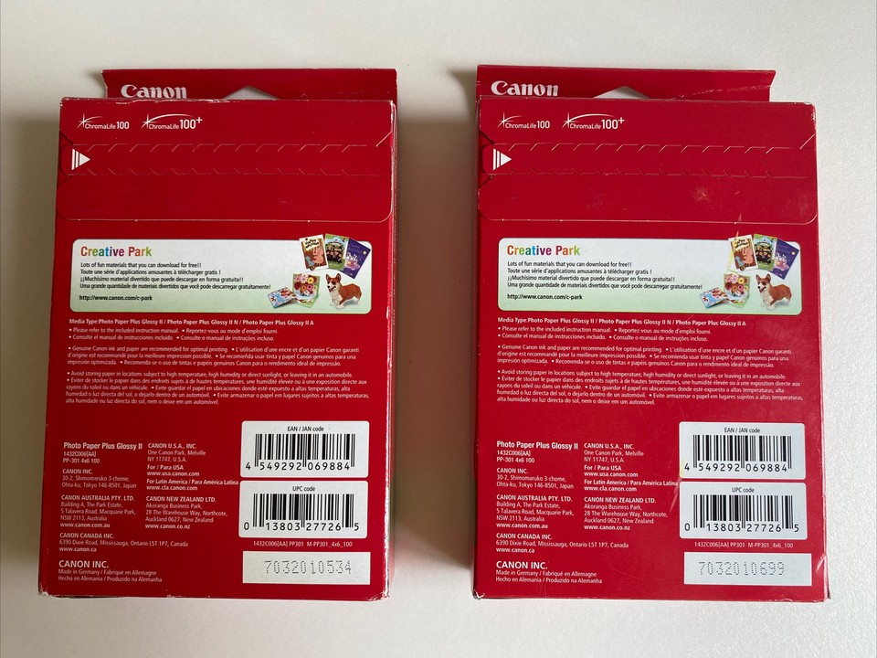 SET OF 2 New Sealed Boxes CANON Photo Paper Pluss Glossy II PP-301 100 ...