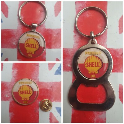 PREMIUM SHELL OIL ! HOTROD CAR PIN KEYRING BOTTLE PIN KEYRING BOTTLE ...