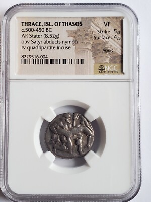 THRACE, THASOS AR Stater 500-450 BC Erotic Satyr and Nymph greek coin ...