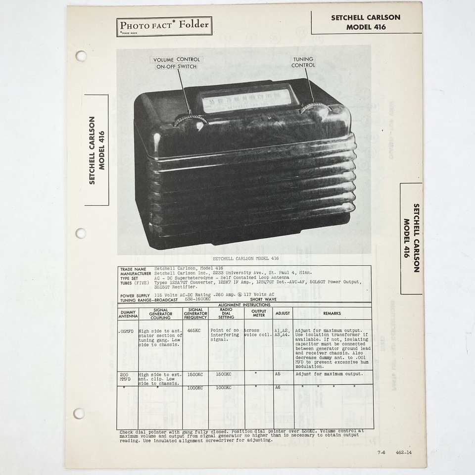 Vintage 1946 Setchell Carlson Radio Model 416 Wire Schematic Repair ...