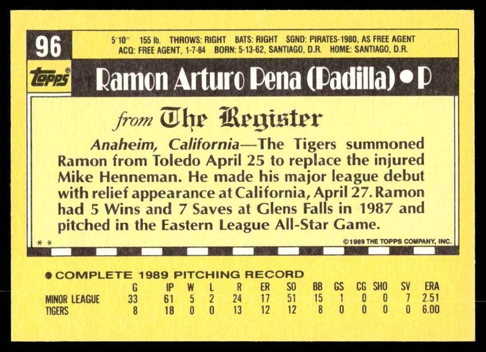 1990 Topps Major League Debut 1989 Ramon Pena Detroit Tigers #96 | eBay