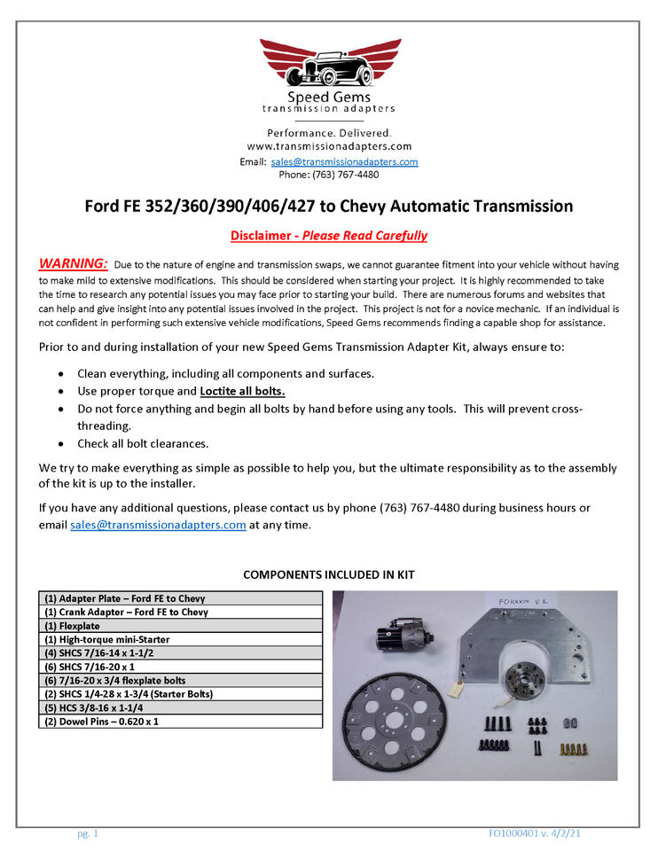 Ford FE 352 360 390 406 427 to Chevy Automatic Transmission Adapter Kit ...