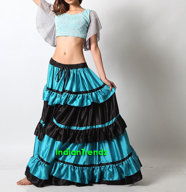 TurqsBlue/Black Satin 6/12/25 Yard Tiered Gypsy Frill Skirt Belly Dance ...