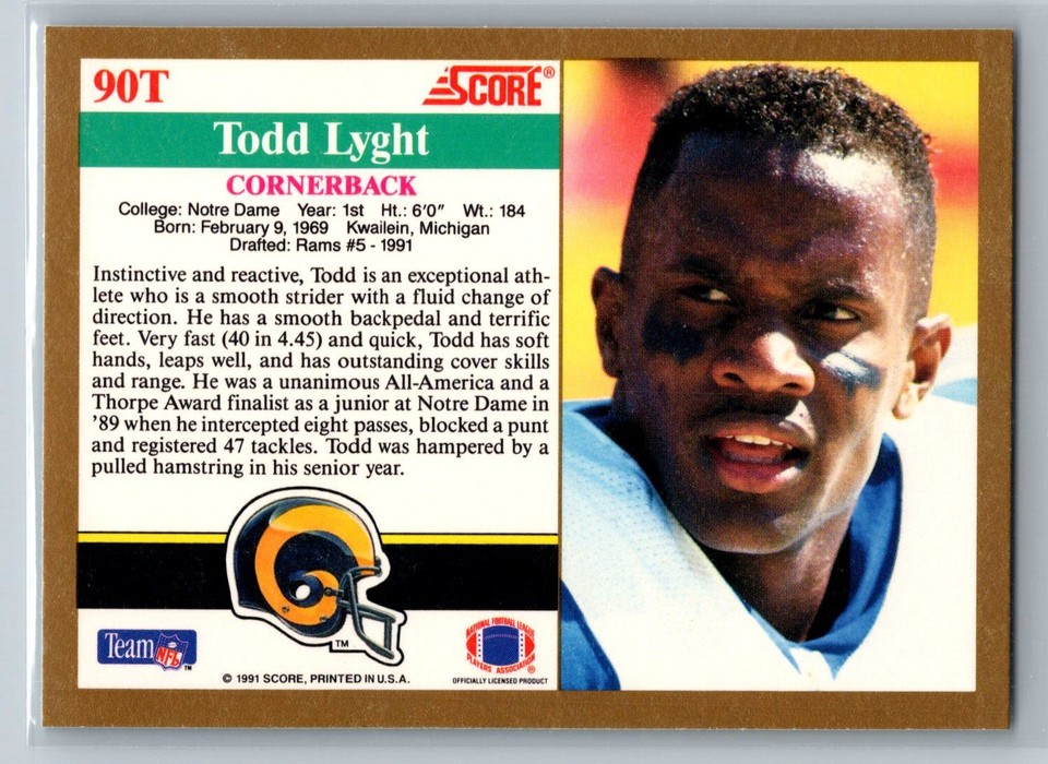 1991 Score Rookie & Traded Todd Lyght Rookie Rams RC #90T | eBay