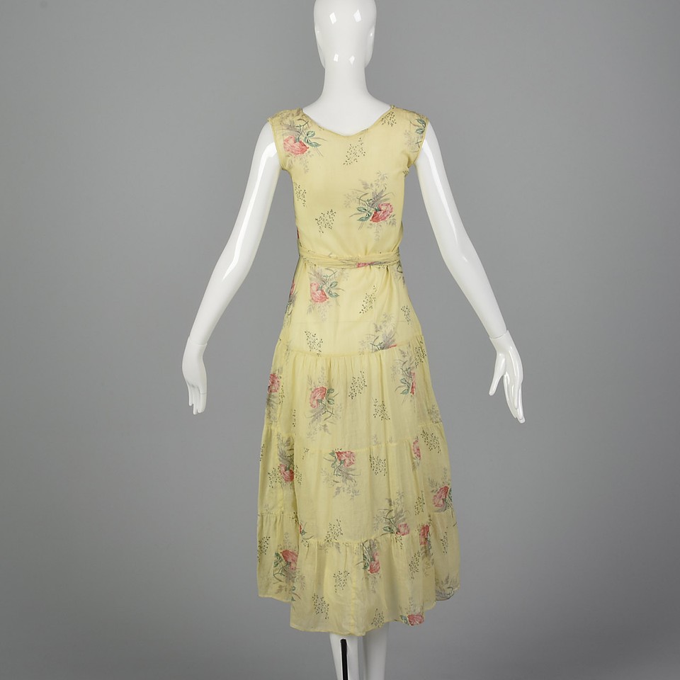 XXS 1930s Dress Sheer Yellow Day Dress Large Rose Print 30s Vintage Day ...