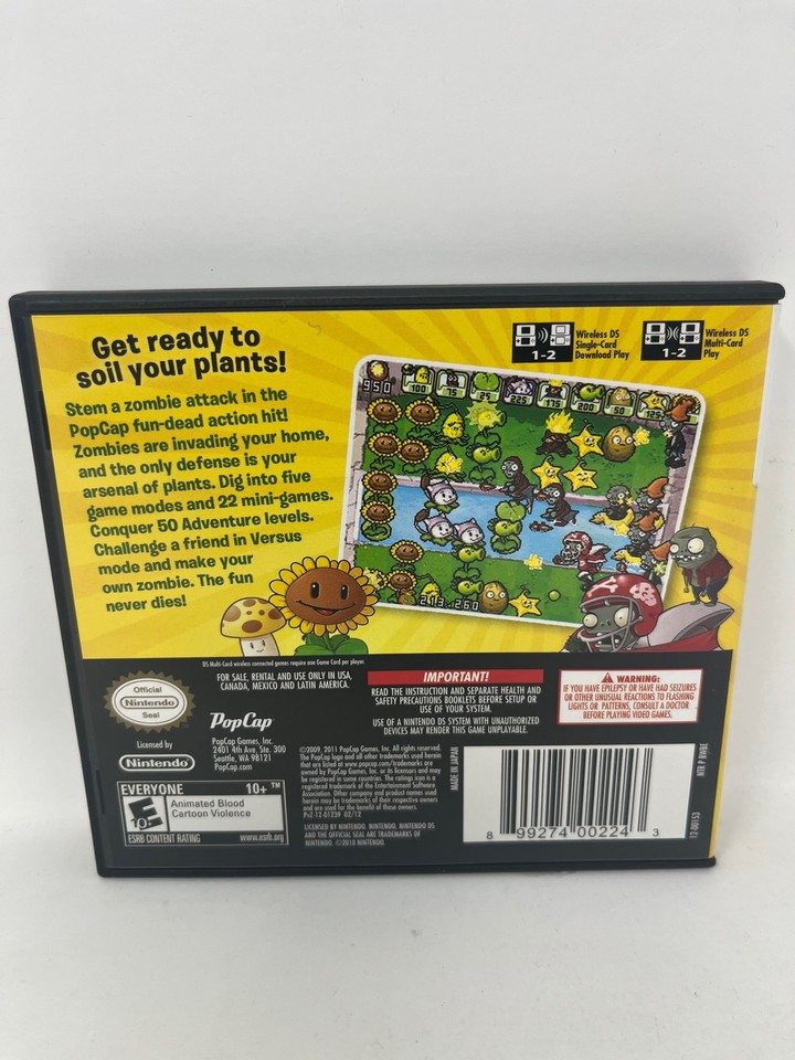 Plants vs. Zombies Nintendo DS (DS) Game Complete w/ Manual CIB Tested ...