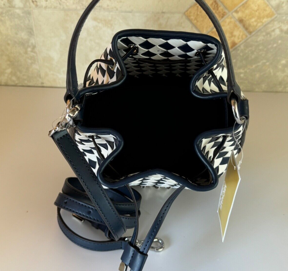 MICHAEL KORS REED MD BELTED TH BUCKET SHOULDER MESSENGER BAG WOVEN NAVY ...