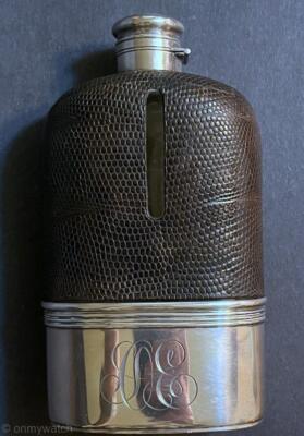 GORHAM Antique 1897 STERLING Silver Flask Cup LIZARD LEATHER ½ Pint ...
