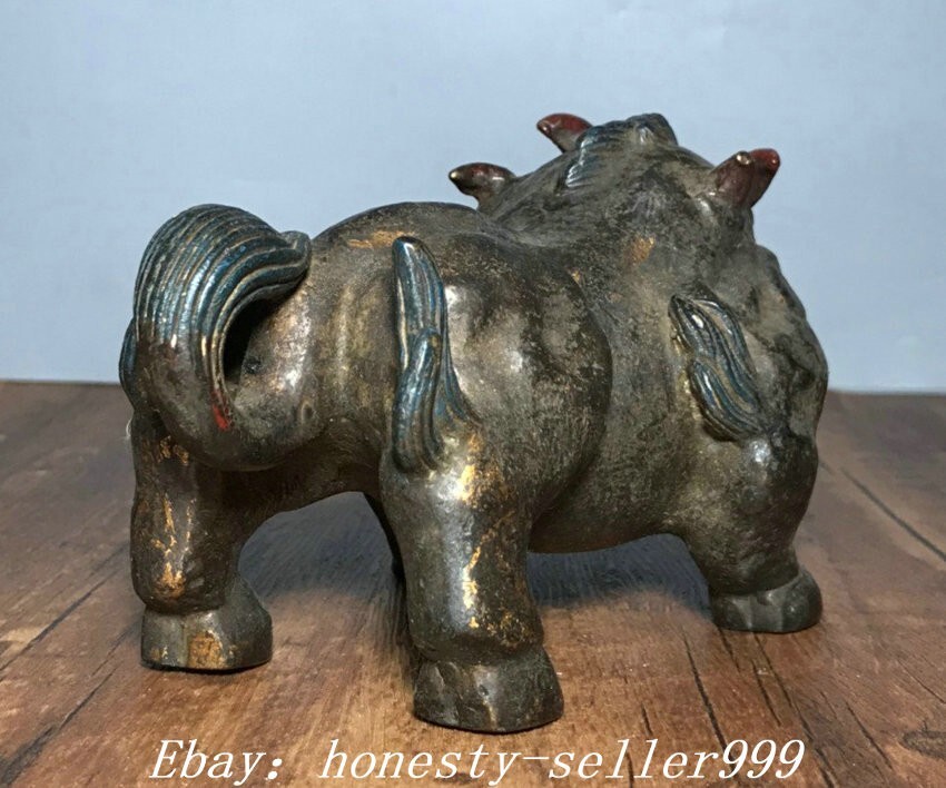 7.4" Old China Dynasty Pure Bronze Gilt Painting Wild Boar Pig Beast ...